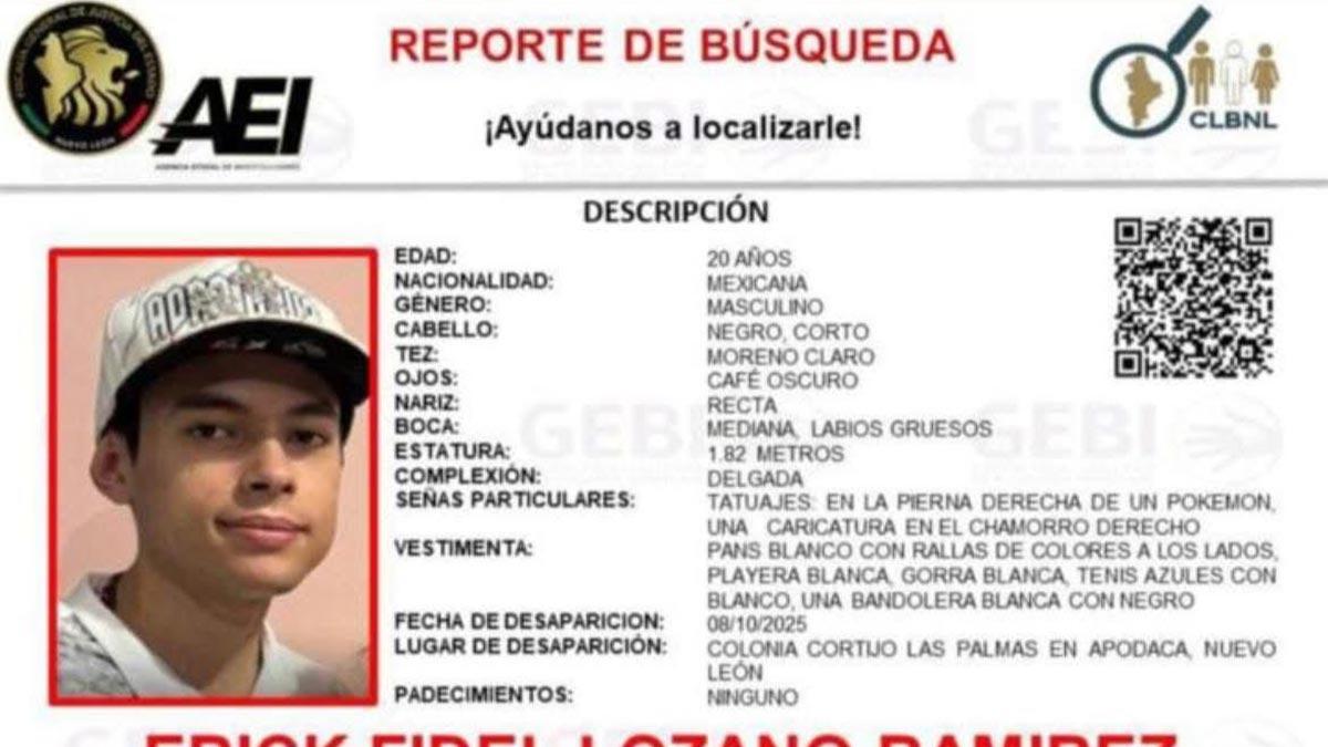Hallan sin vida a Erick Fidel Lozano, joven desaparecido en Apodaca